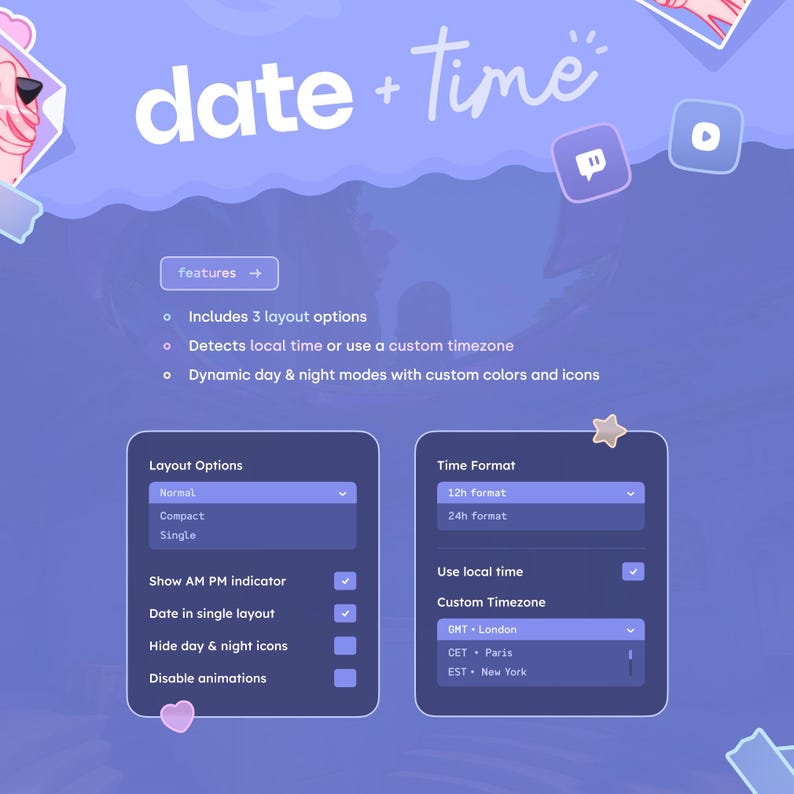 Aura Date & Time (3) Layouts, Night / Day Modes, Local Time or Custom ...