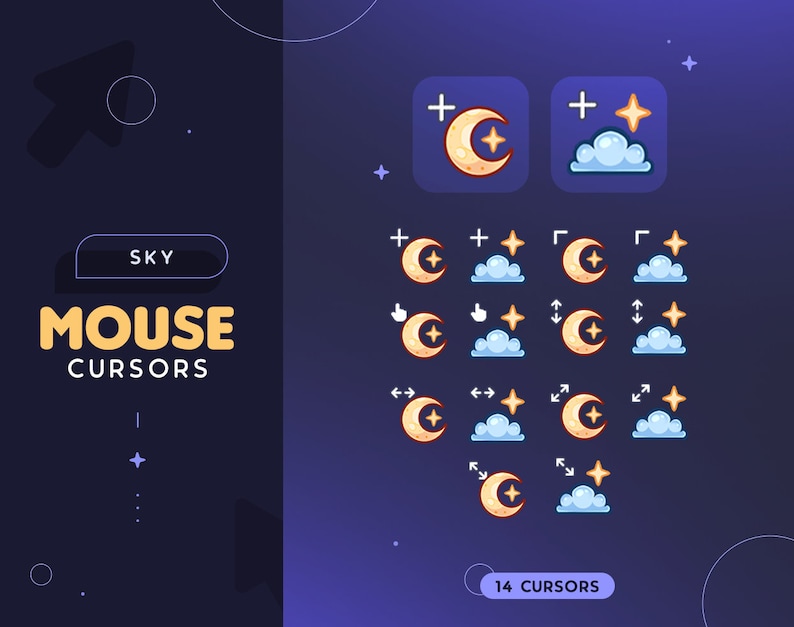 Moon & Clouds Mouse Cursors | 14 Cute Cloudy Starry Sky Custom Mouse Pointers for Windows PC - Etsy