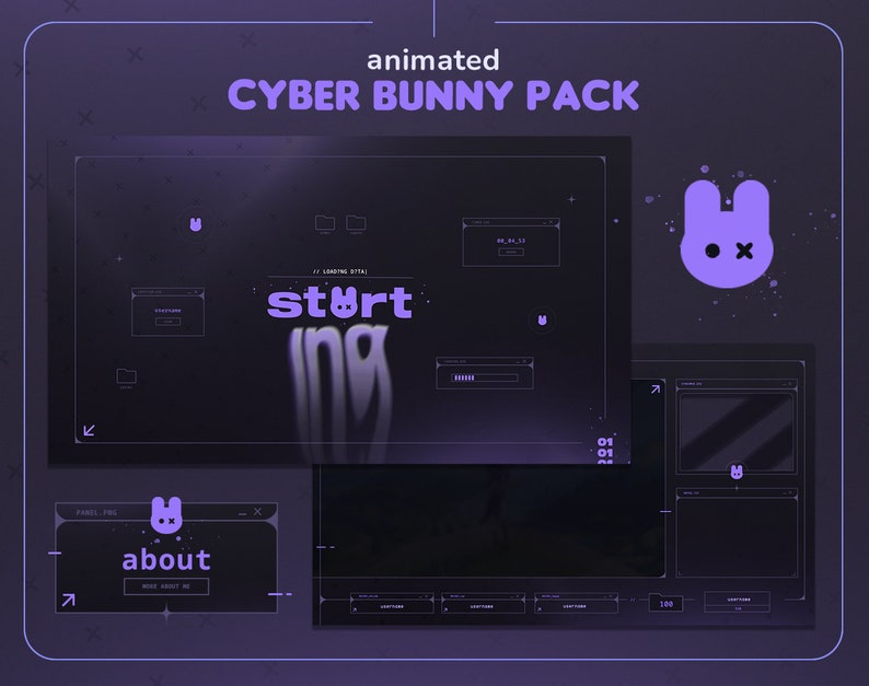 Cyber Bunny Purple Twitch Pack | Animated Glitch Bunny Streamer Package ...