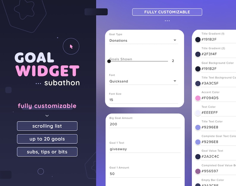 Goal Widget — Subathon Scrolling Goal List | Minimal Customizable 20 ...