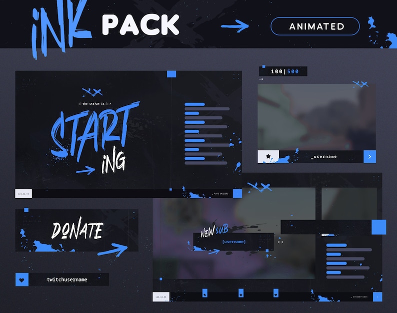 Animated Blue Ink Twitch Pack Grunge Ink Brush Streamer - Etsy