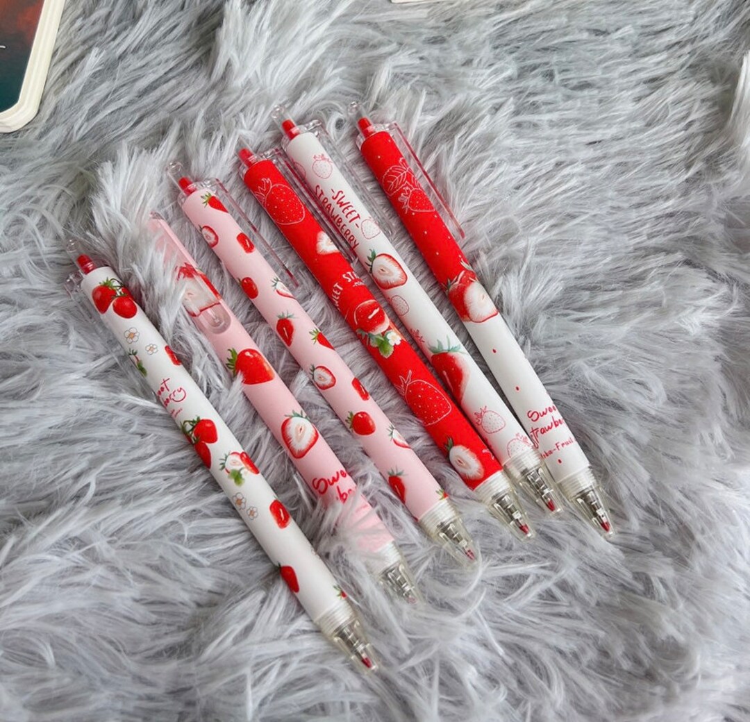 Kawaii Strawberry Pen Set, Retractable Black Ink Pens (6pcs) - Etsy