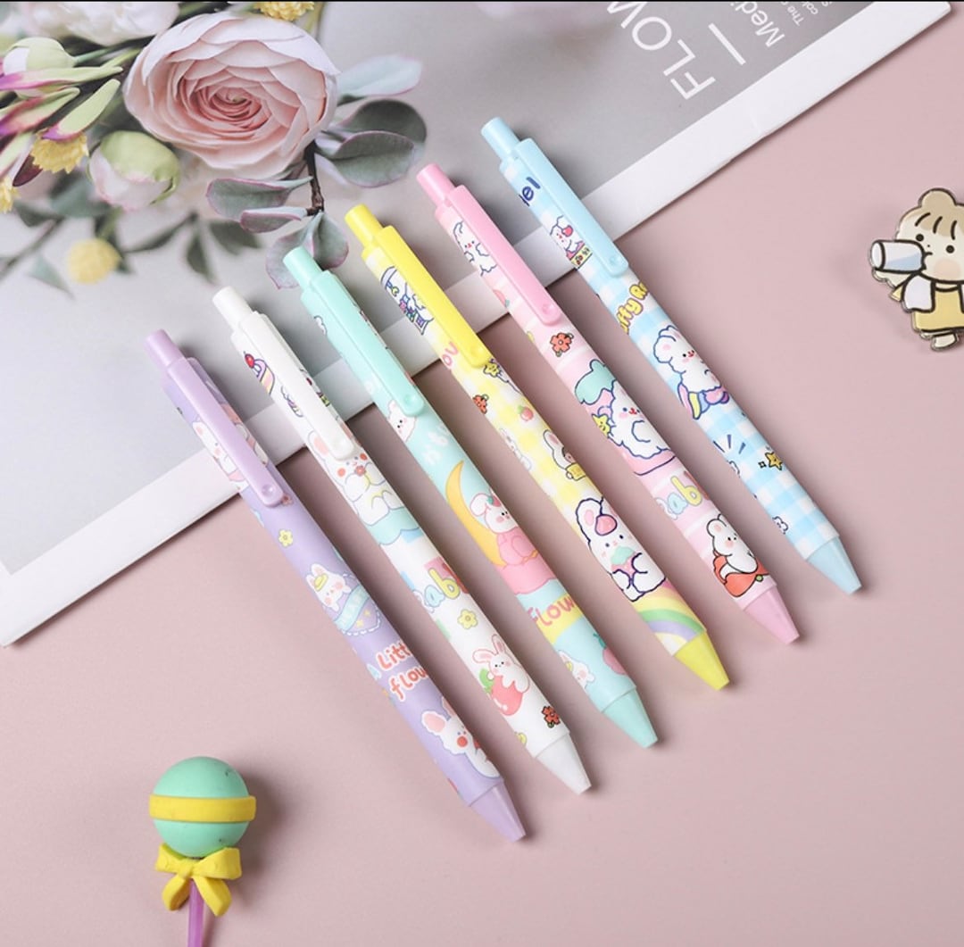6pcs/set Cartoon Kawaii Ballpoint Pen Retractable Cute Pens 0.5mm Black ...