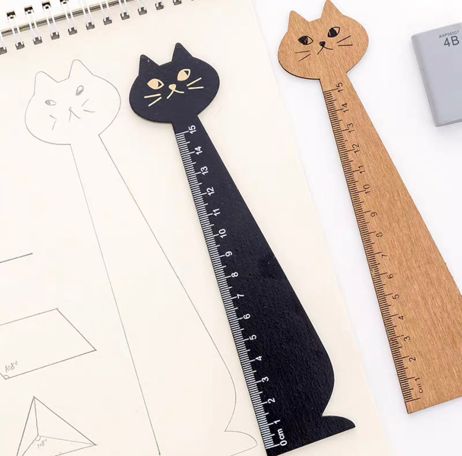 15cm Cute Cat Straight Ruler Wooden Tools Stationery Cartoon Drawing ...