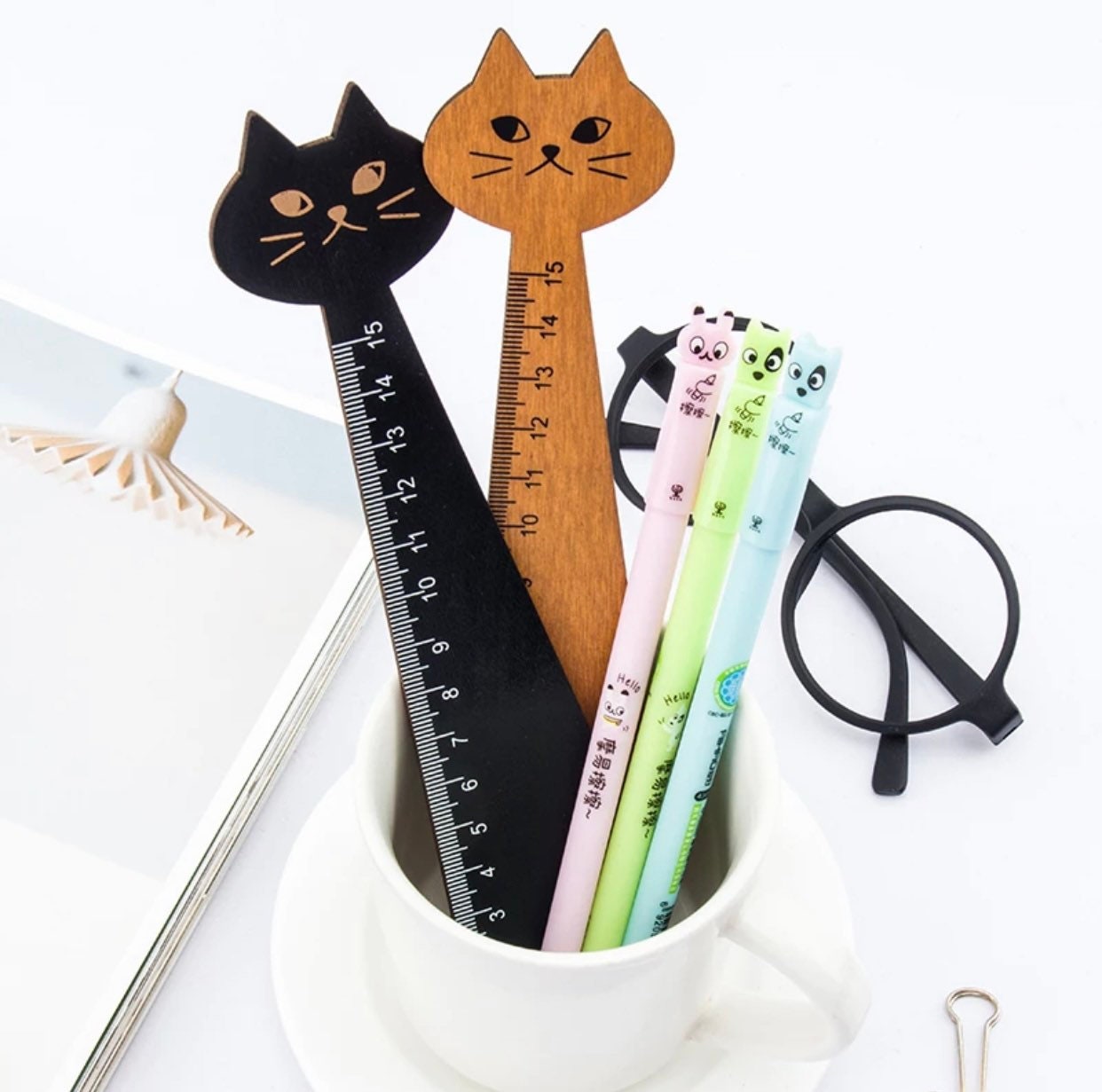 15cm Cute Cat Straight Ruler Wooden Tools Stationery Cartoon Drawing ...