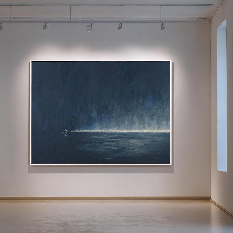 Dark Blue Horizon Painting: Large Abstract Speedboat Art, Modern Wall ...
