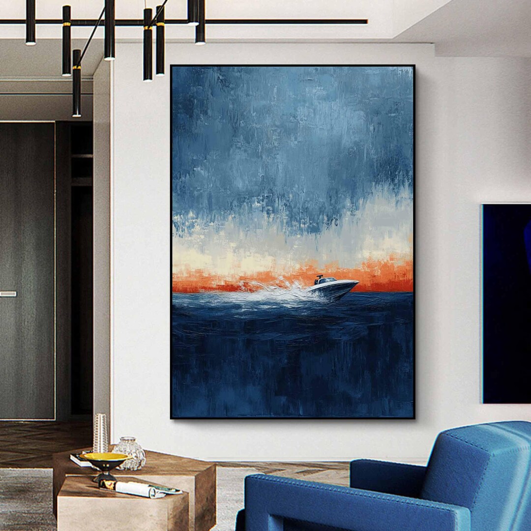 Minimalist Speedboat Art Print: Abstract Blue Sea & Sky - Etsy