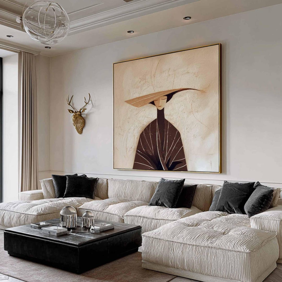Abstract Figure in Wide Brim Hat Wall Art | Textured Neutral Tone ...