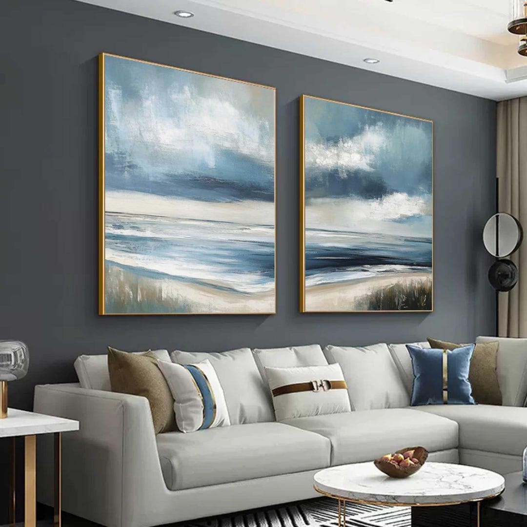 Light Blue Landscape Abstract Painting Set of 2 Living Room Landscape ...