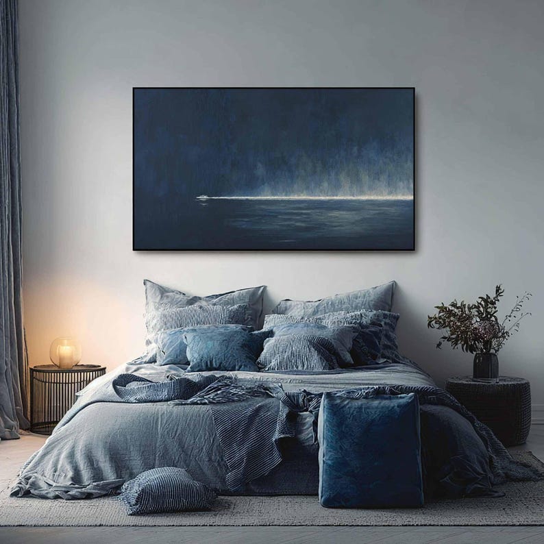 Dark Blue Horizon Painting: Large Abstract Speedboat Art, Modern Wall ...