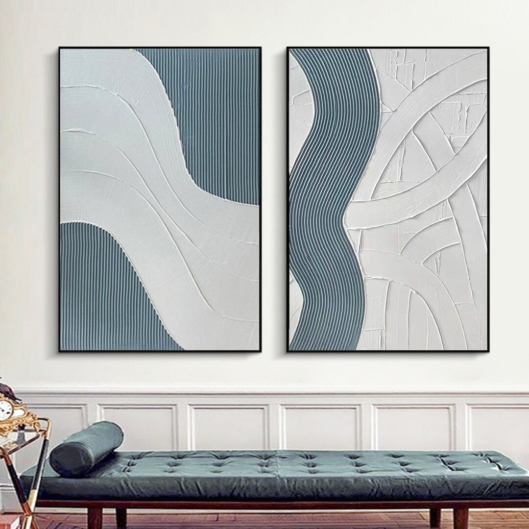 Light Blue Minimalist Art Set of 2 Living Room Texture Art Hand-drawn ...