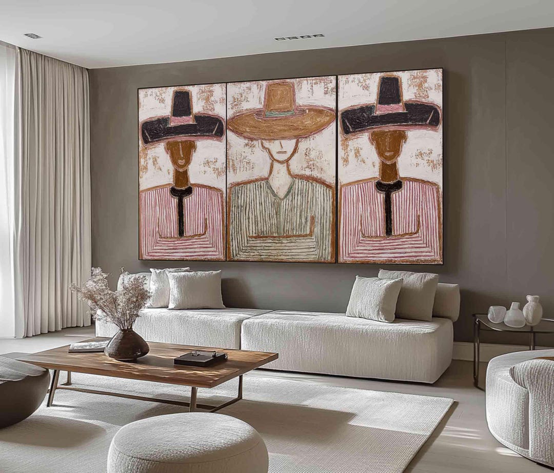 Textured Wide Brim Hat Figure Wall Art Set of 3, Neutral Wabi Sabi ...