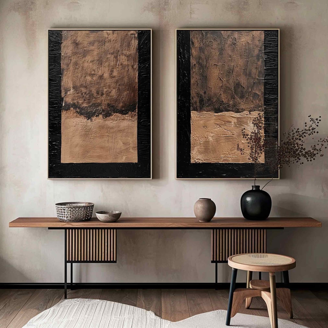 Wabi-Sabi muurschildering bruin beige textuur kunst woonkamer set van 2 bruin canvas muur kunst ...