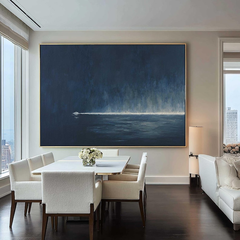 Dark Blue Horizon Painting: Large Abstract Speedboat Art, Modern Wall ...