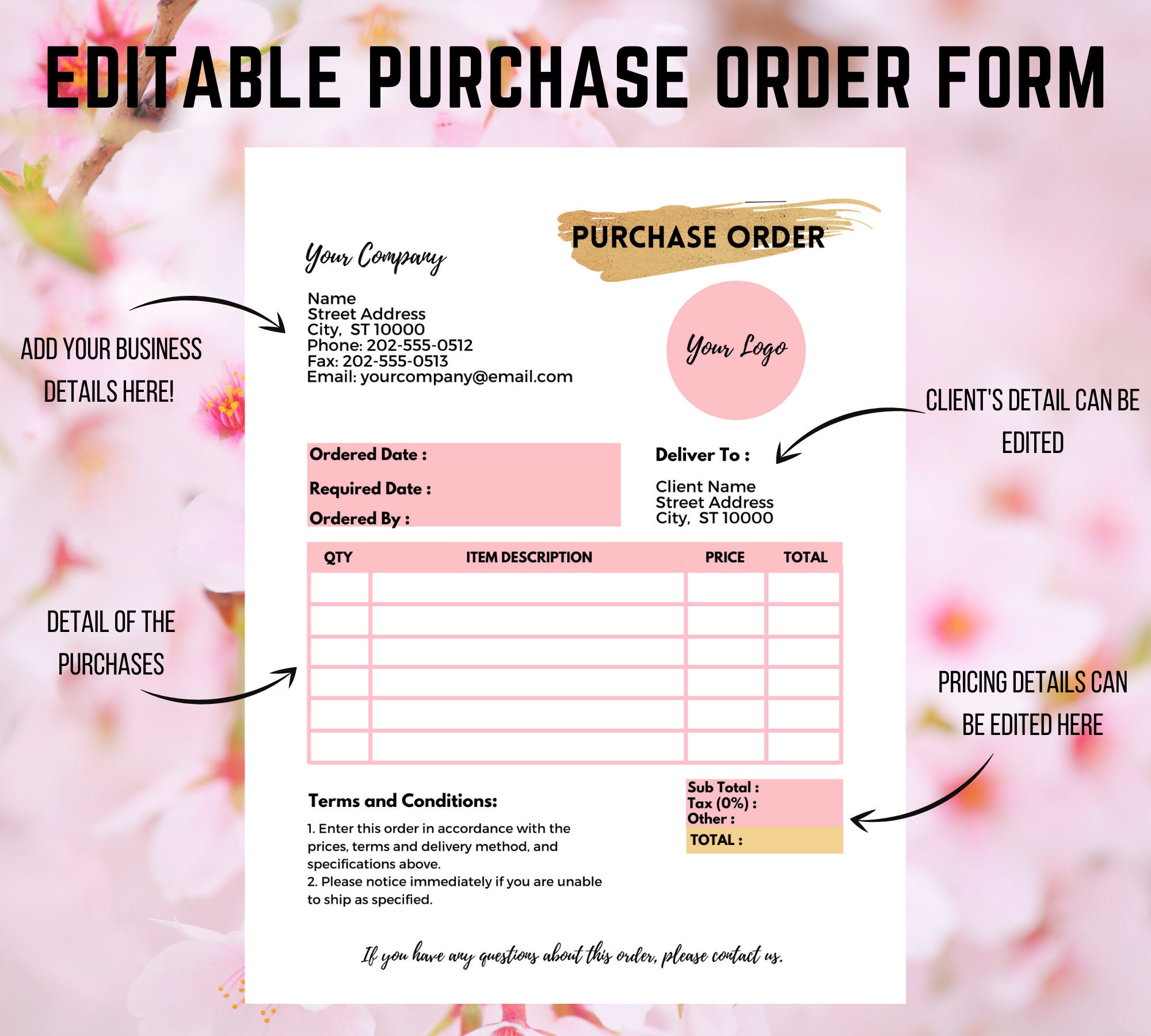 Editable Purchase Order Form for Small Business in CANVA - Etsy