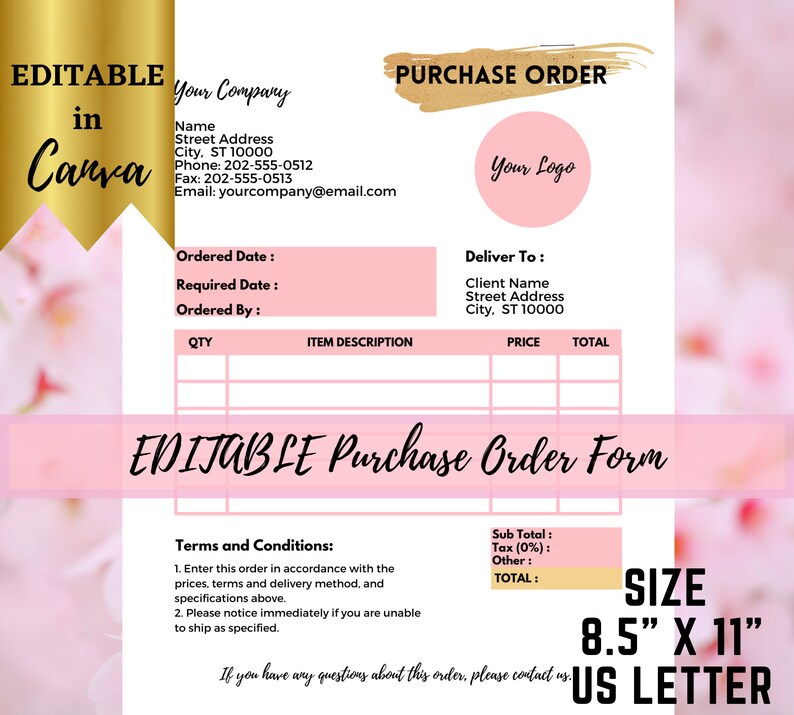 Editable Purchase Order Form for Small Business in CANVA - Etsy