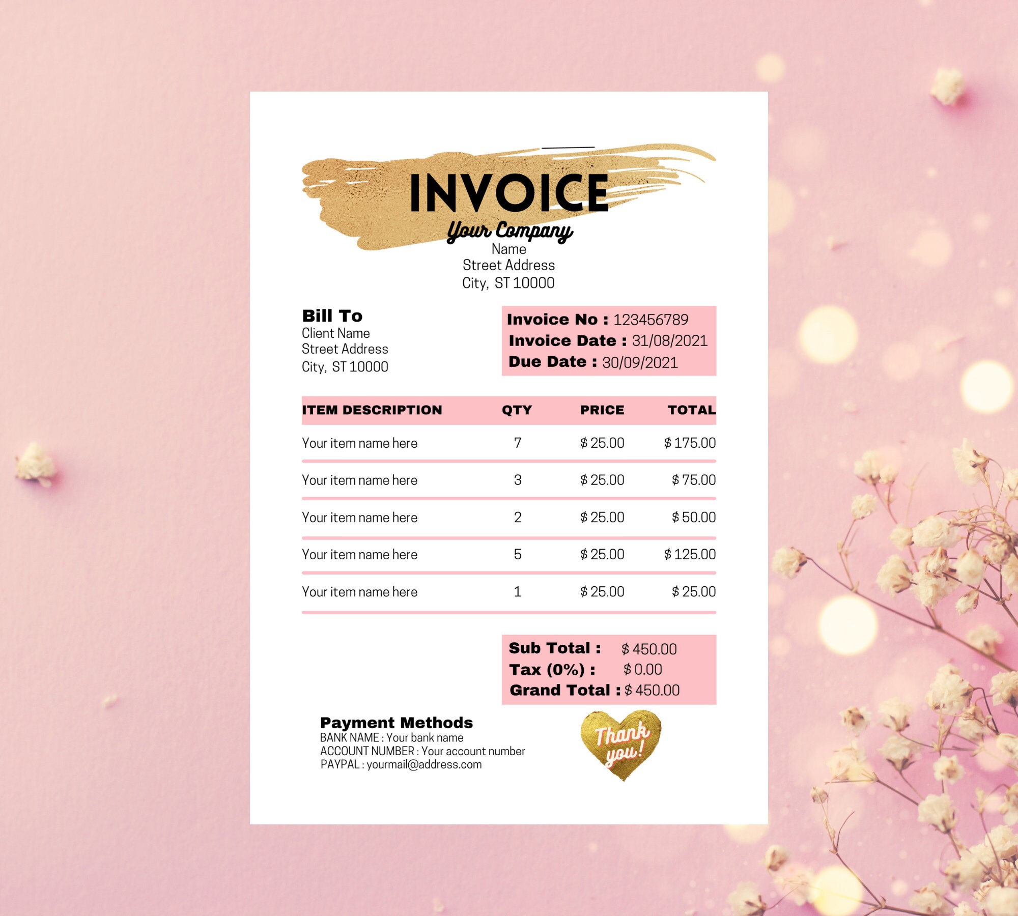 Editable Pink Invoice Template CANVA A4 Business Invoice Small Business ...