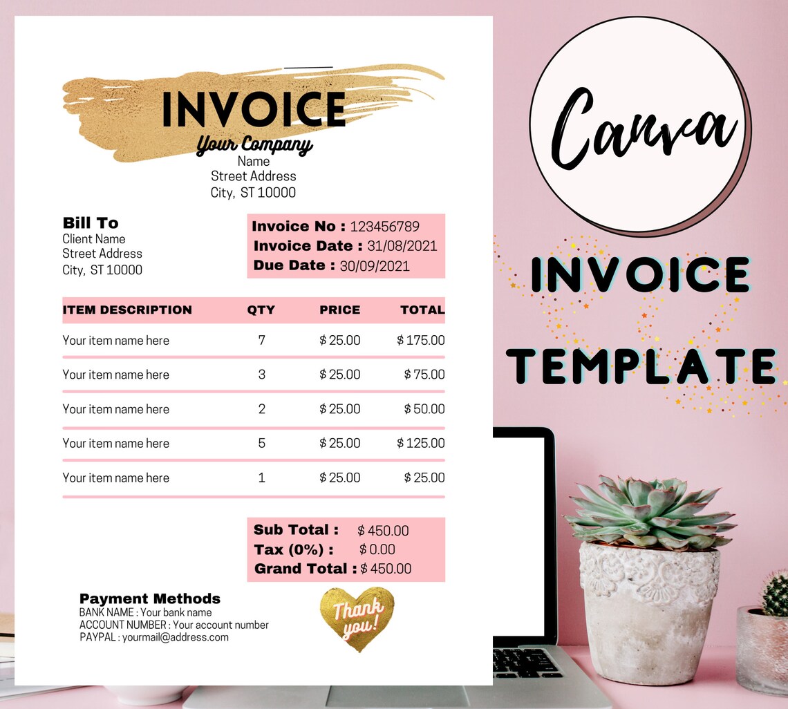 Editable Pink Invoice Template CANVA A4 Business Invoice Small Business ...