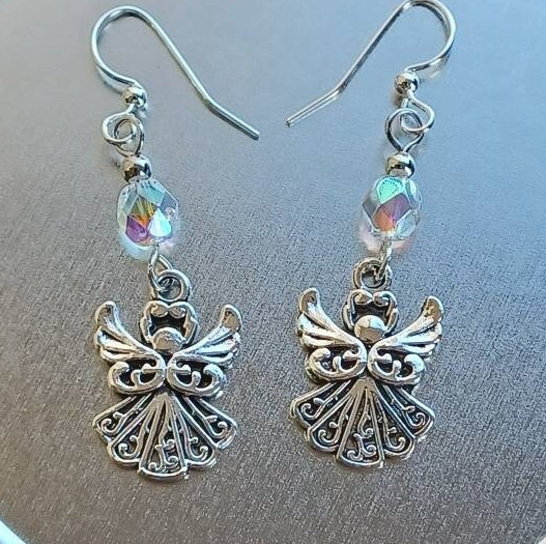 Silver Angel Earrings Sparkly Angel Earrings Guardian Angel - Etsy
