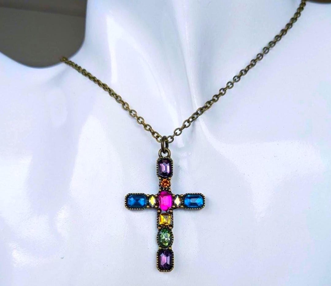 Multi Gemstone Cross Pendant: Antique Style, 18-inch Bronze Chain - Etsy