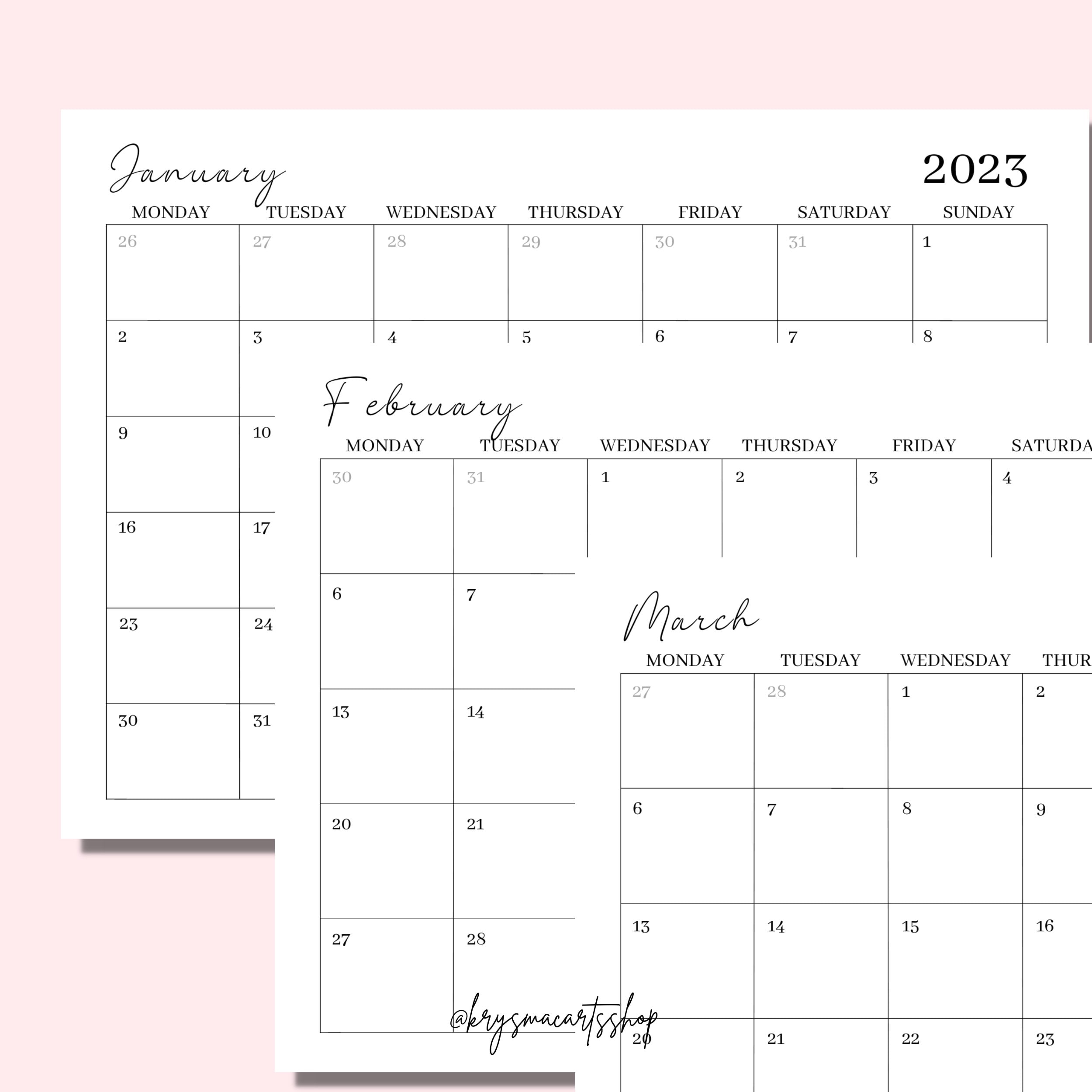 2023 & 2024 Monthly Calendar Printable Template, Monday Start, Instant ...