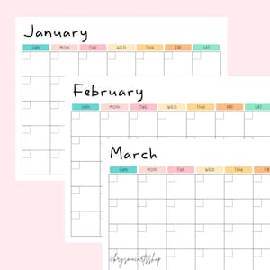 Monthly Blank Calendar Sunday-start, Horizontal Printable Calendar ...