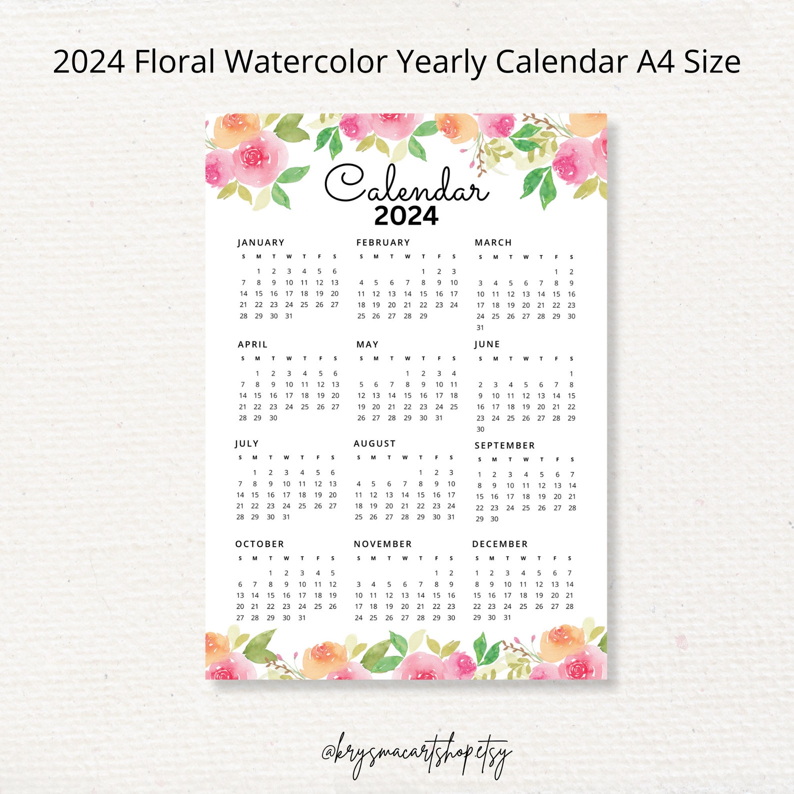 2024 Calendar, 2024 Yearly Calendar, 2024 Floral Watercolor Yearly ...