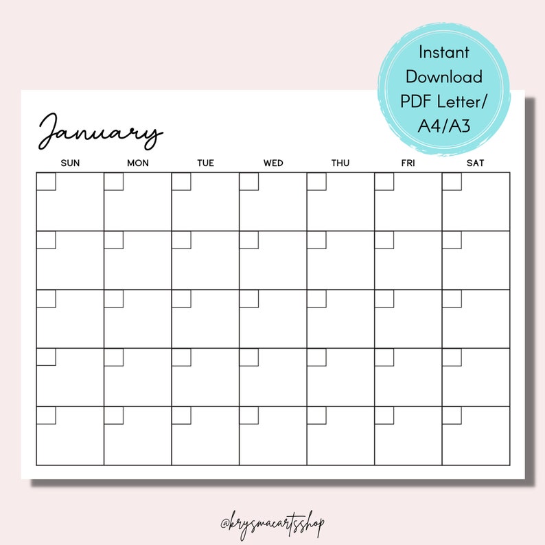 Blank Monthly Calendar Sunday Start Planner Minimalist - Etsy