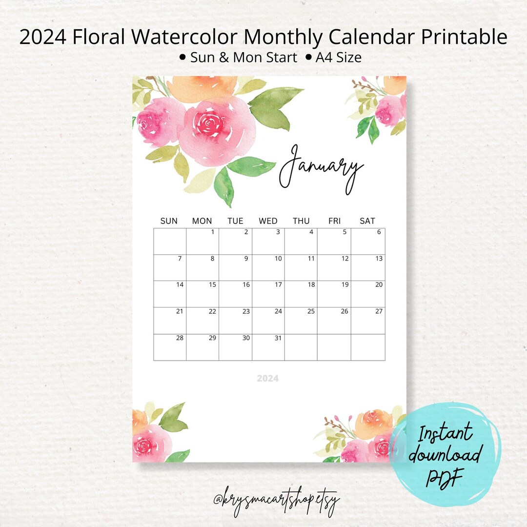 2024 Calendar, 2024 Monthly Calendar, 2024 Floral Watercolor Monthly ...