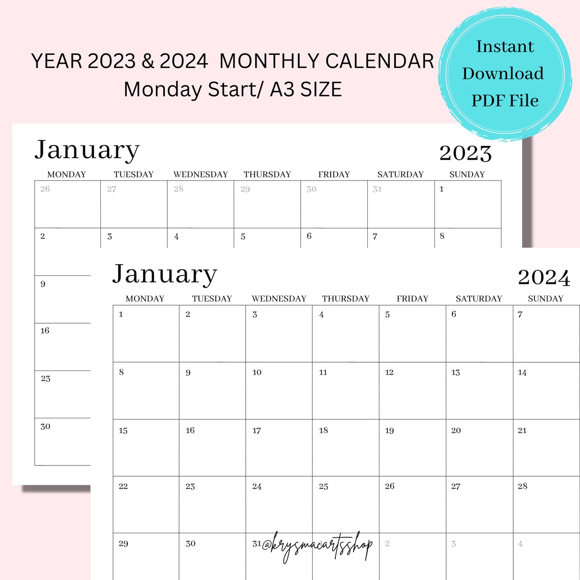 2023 & 2024 Monthly Calendar Printable Template, Minimalist Calendar ...