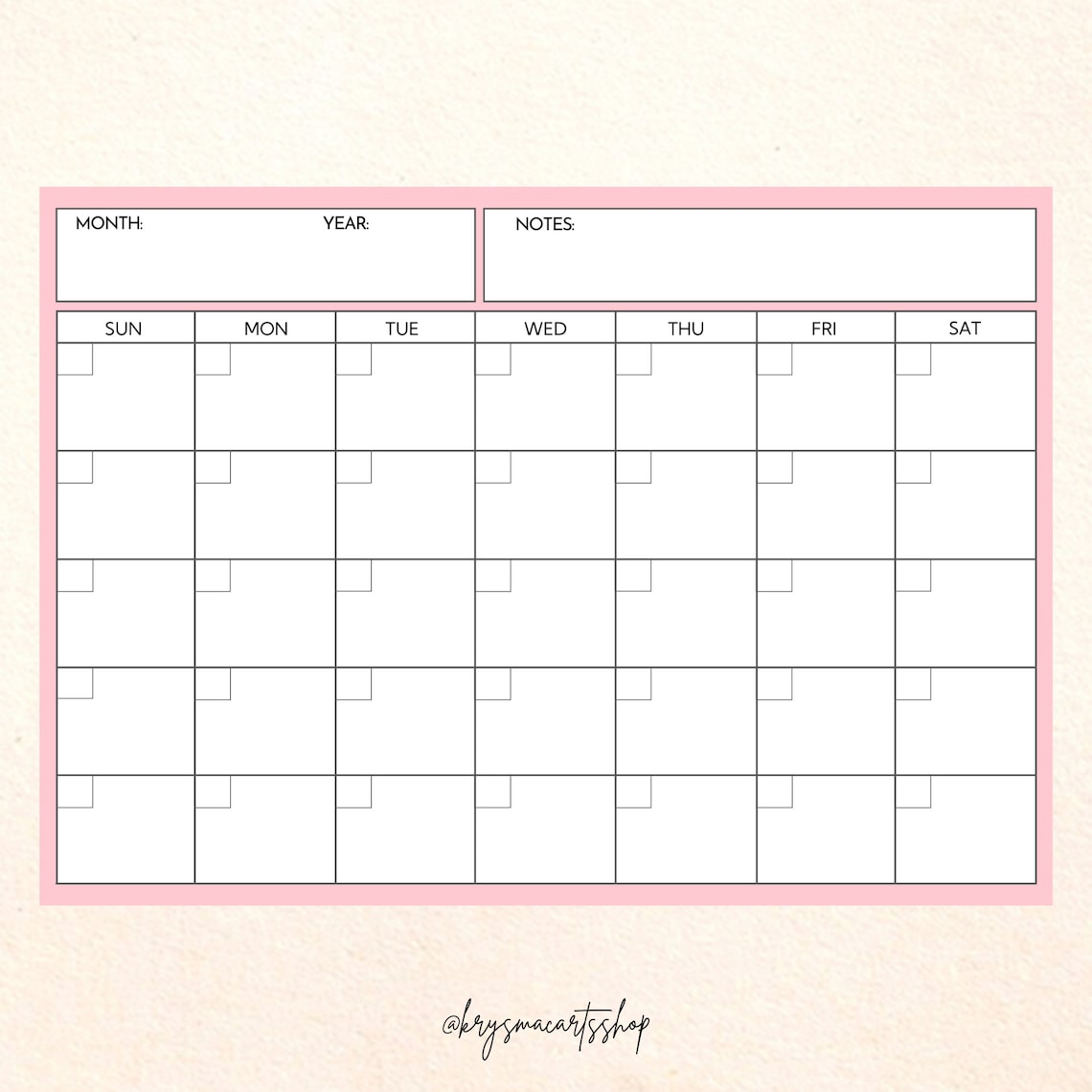 Blank Monthly Calendar Sunday Start Colorful Calendar - Etsy