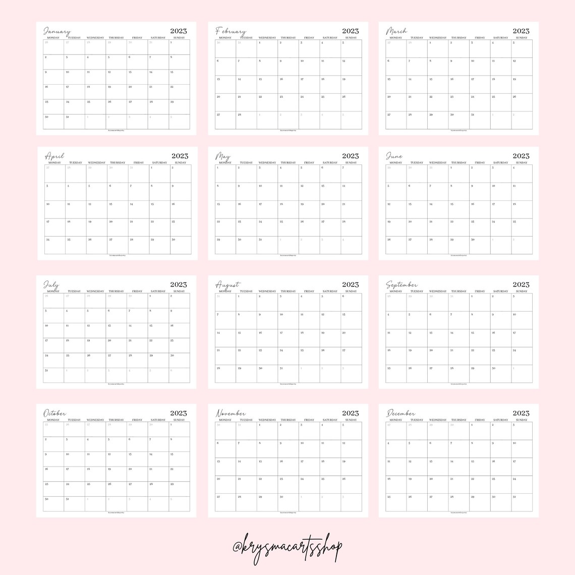 2023 & 2024 Monthly Calendar Printable Template, Monday Start, Instant ...