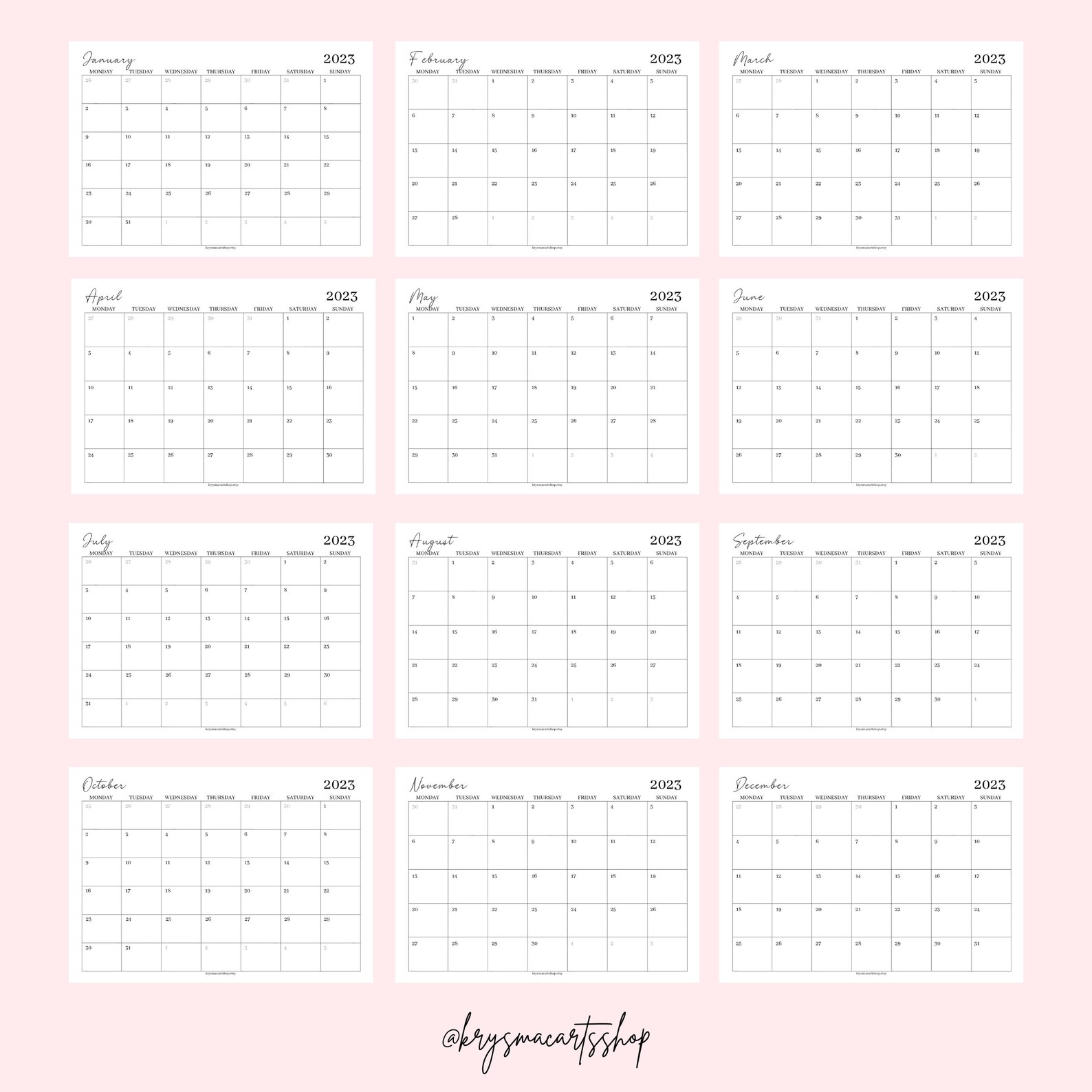 2023 & 2024 Monthly Calendar Printable Template, Monday Start, Instant ...