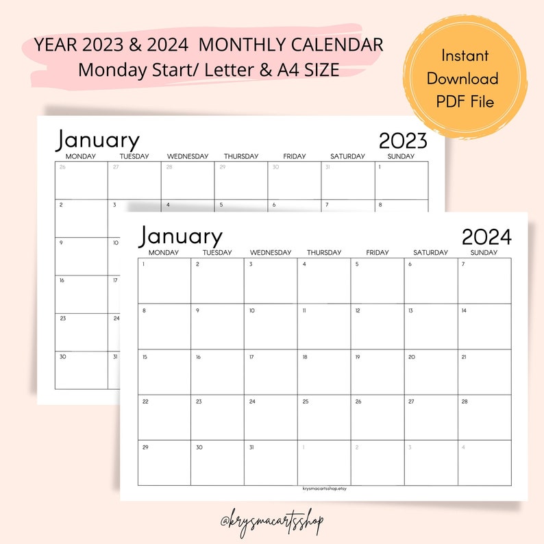 2023 & 2024 Monthly Calendar Printable Template Minimalist - Etsy