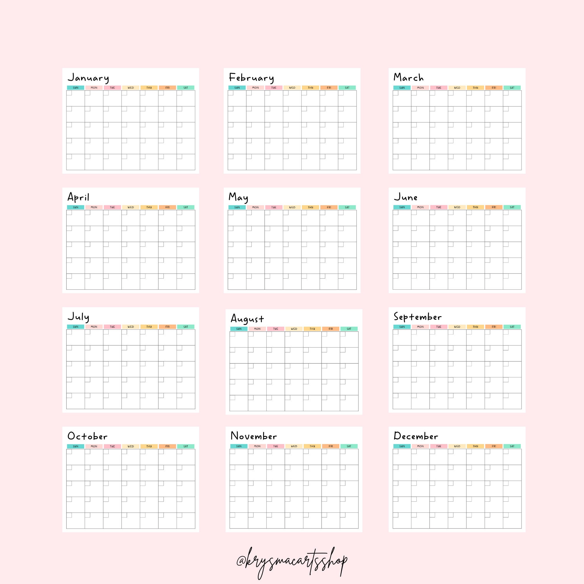 Monthly Blank Calendar Sunday-start, Horizontal Printable Calendar ...