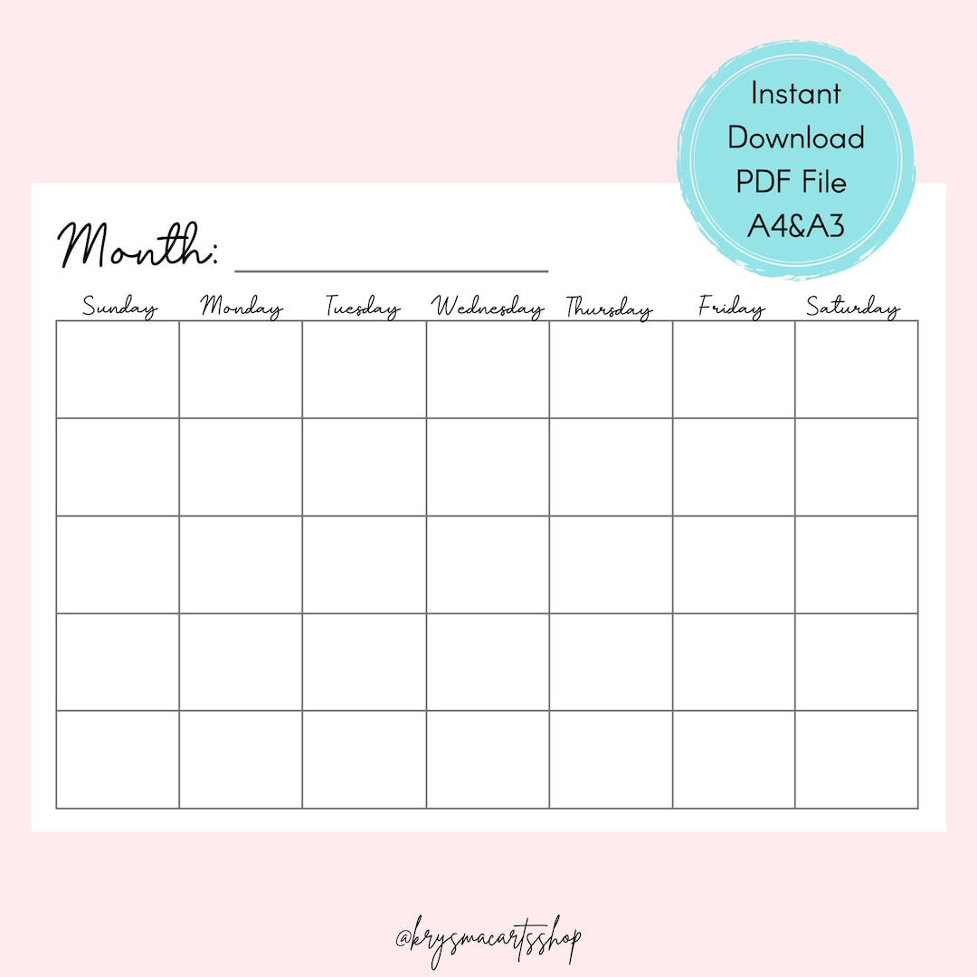 Blank Calendar Sunday Start, Horizontal Printable, Digital Download ...