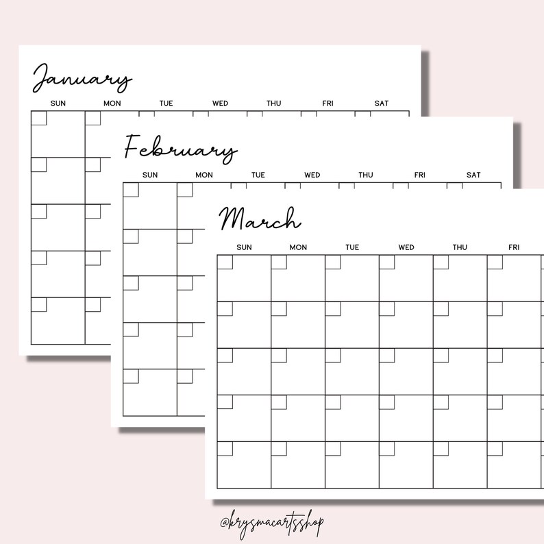 Blank Monthly Calendar Sunday Start Planner Minimalist - Etsy