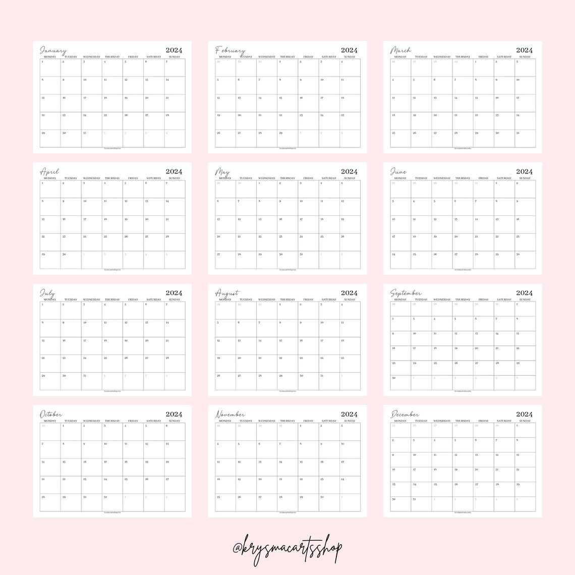 2023 & 2024 Monthly Calendar Printable Template, Monday Start, Instant ...