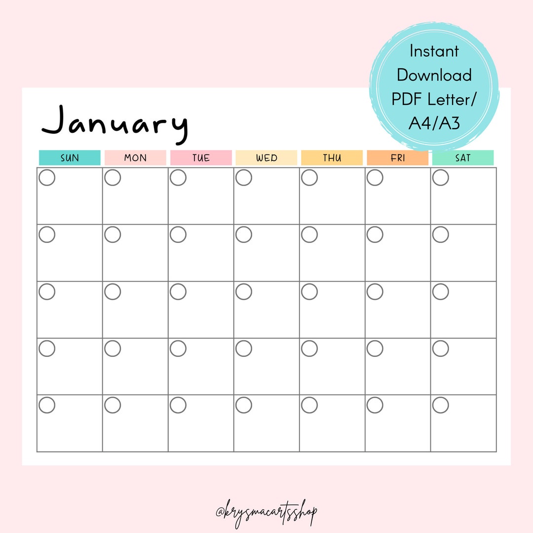Monthly Blank Calendar Sunday-start, Horizontal Printable Calendar ...