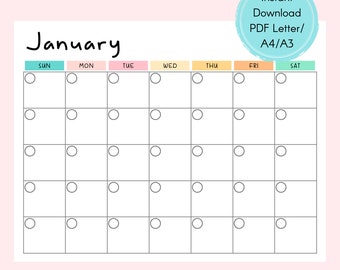 Monthly Blank Calendar Sunday-start, Horizontal Printable Calendar ...