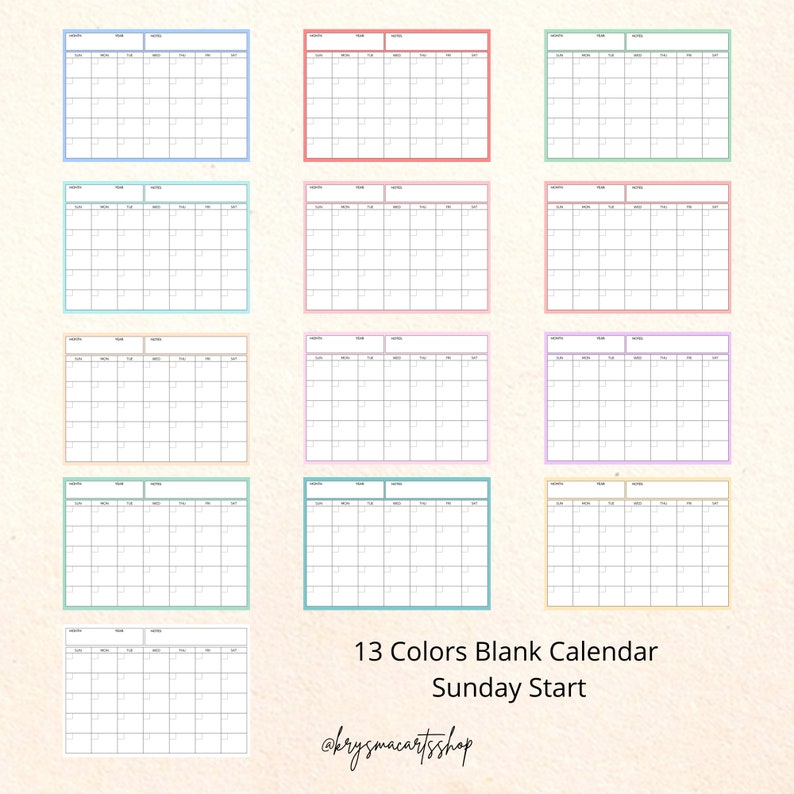 Blank Monthly Calendar Sunday Start Colorful Calendar - Etsy