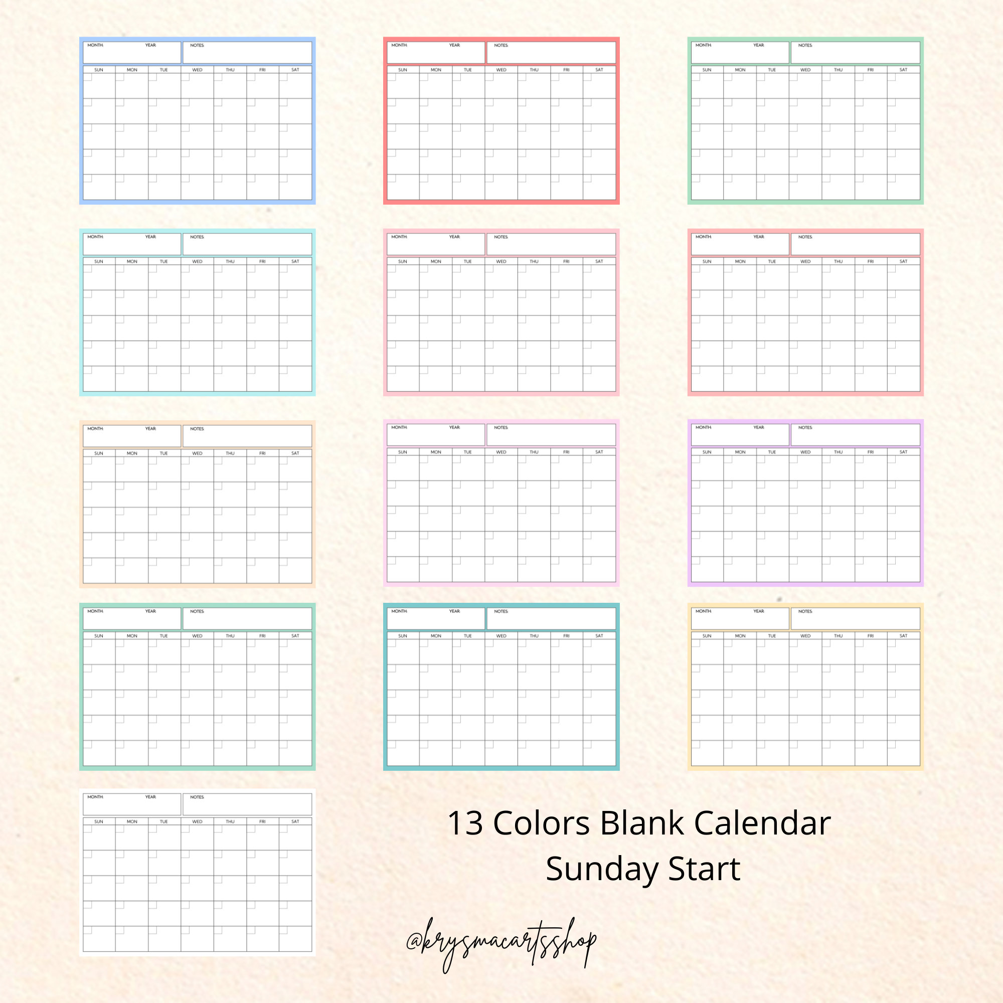 Blank Monthly Calendar, Sunday Start, Colorful Calendar Printable ...