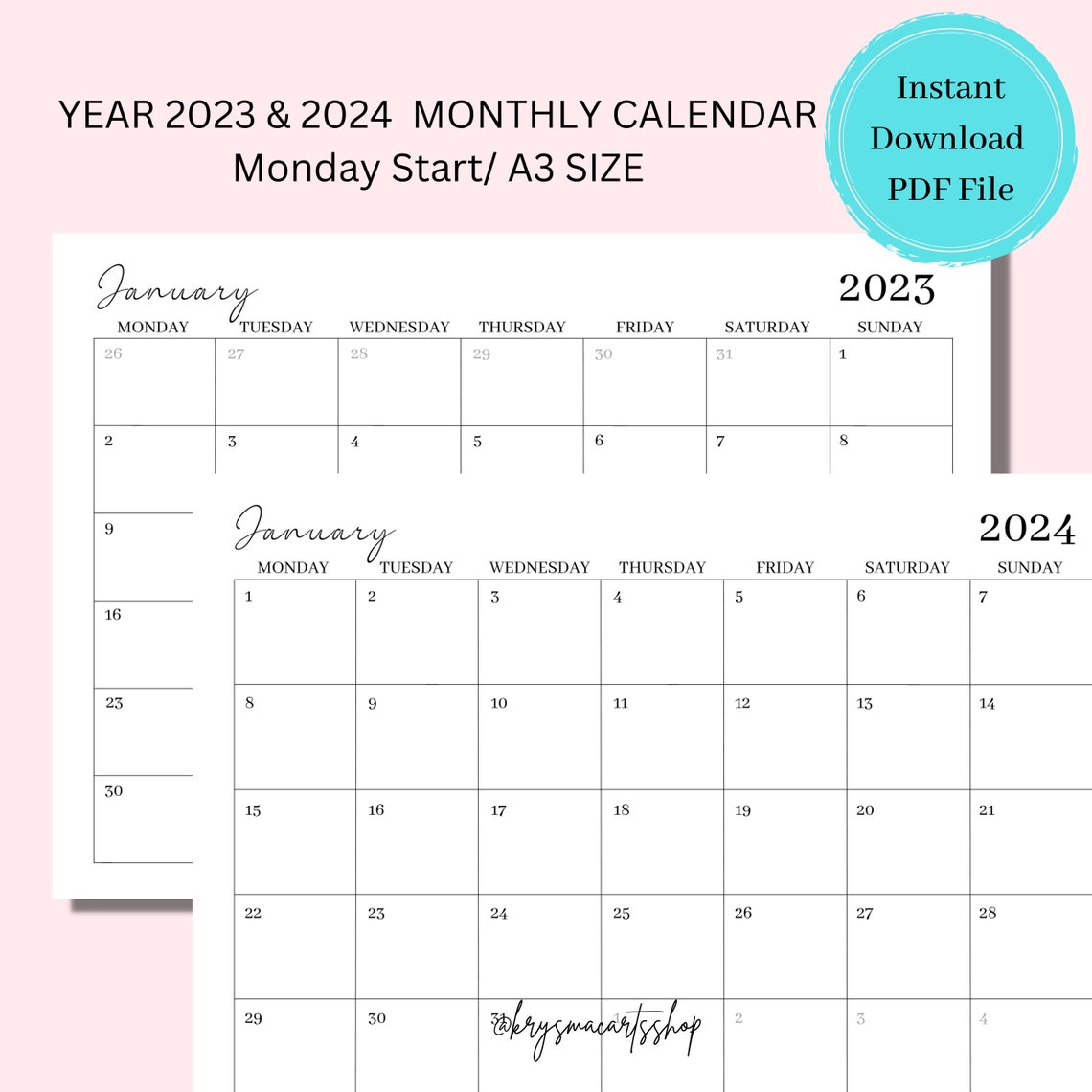 2023 & 2024 Monthly Calendar Printable Template, Monday Start, Instant ...