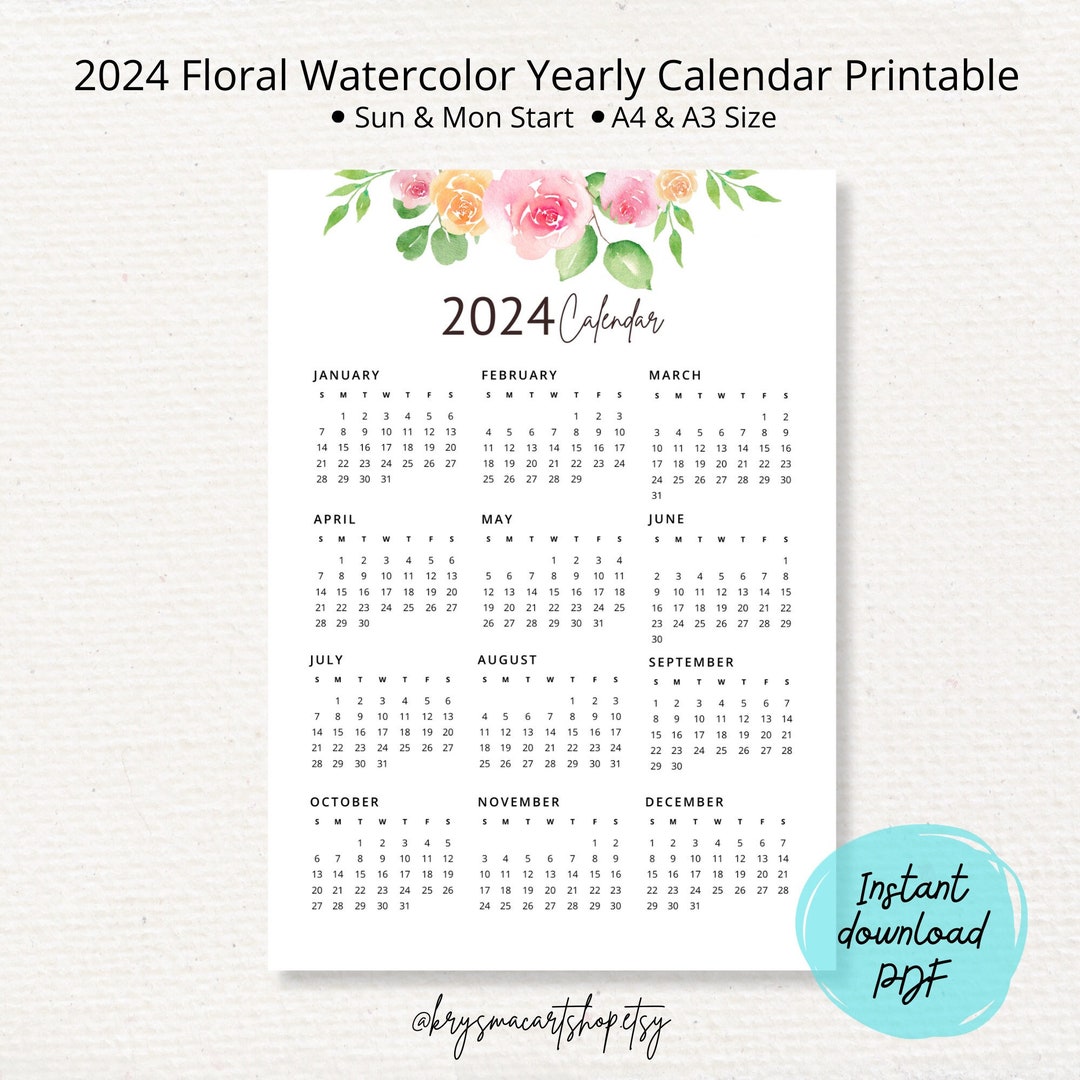 2024 Calendar, 2024 Yearly Calendar, 2024 Floral Watercolor Yearly ...