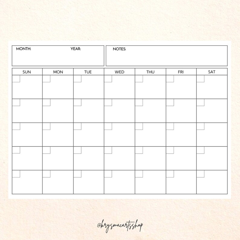 Blank Monthly Calendar, Sunday Start, Colorful Calendar Printable ...