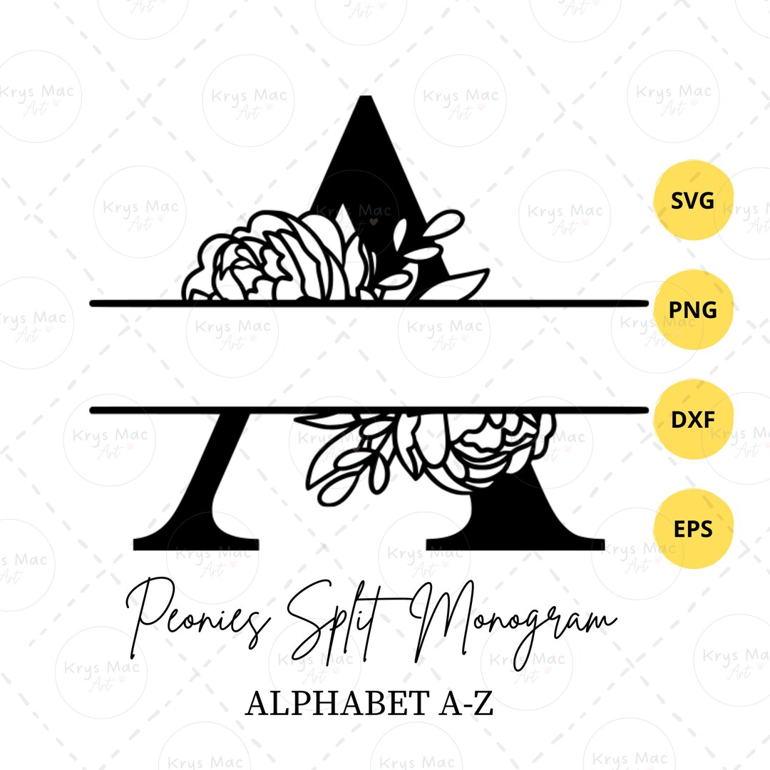 Floral Split Monogram Svg, Jpg, Png, Dxf, Peonies Split Monogram Svg ...
