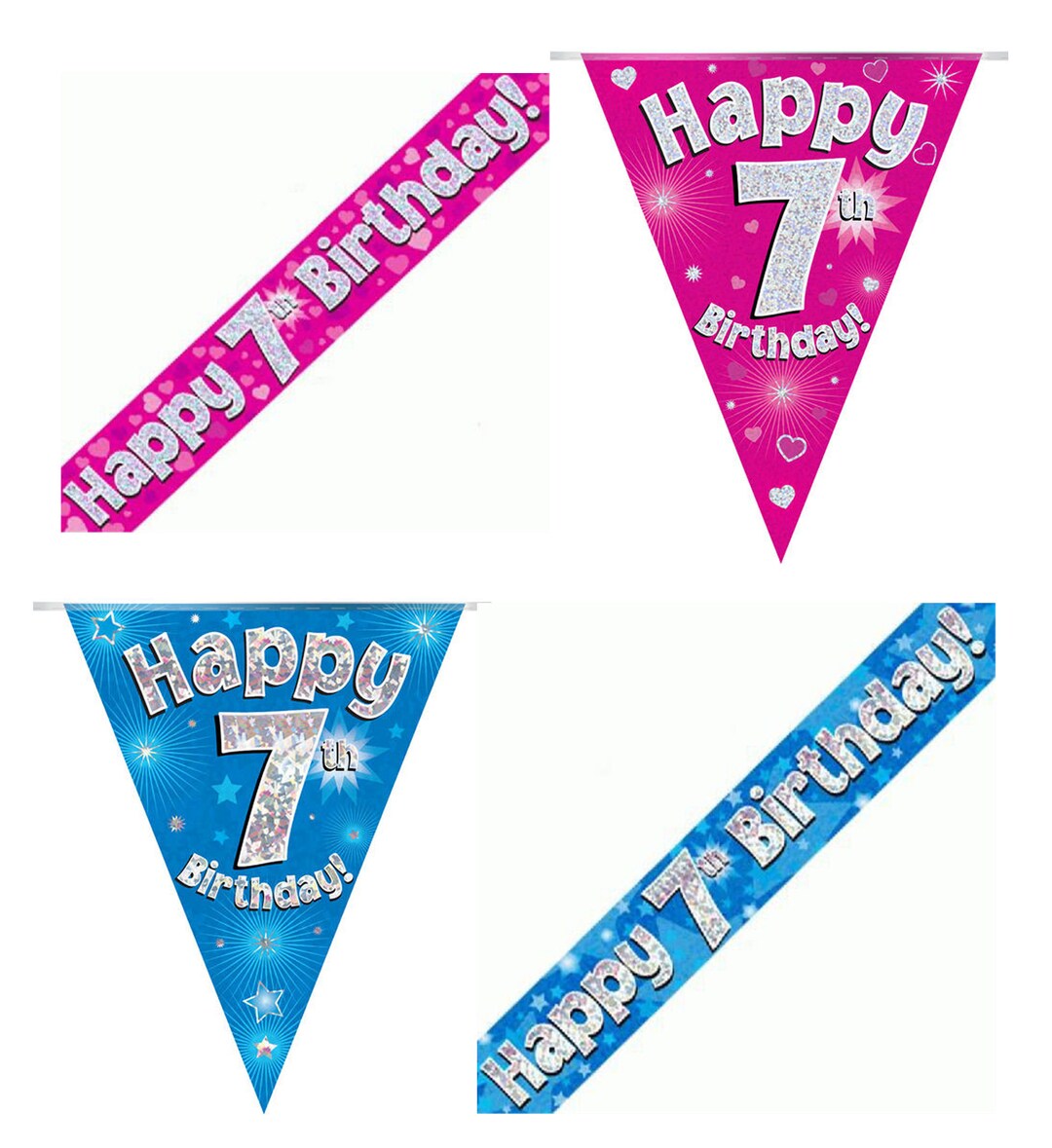Happy 7th Birthday Banners and Bunting in Bling Pink or Bling Blue ...