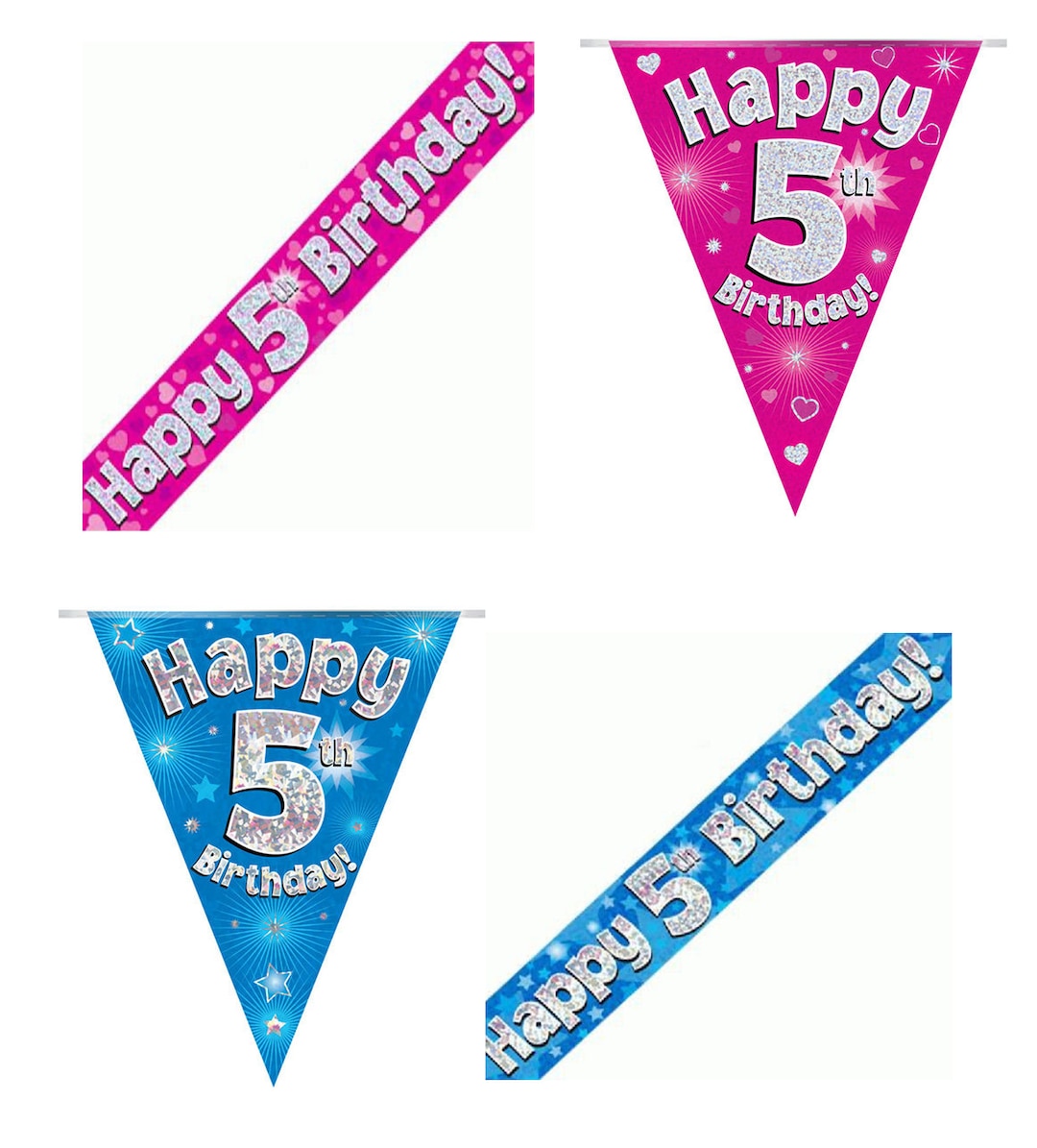 Happy 5th Birthday Banners and Bunting in Bling Pink or Bling Blue ...