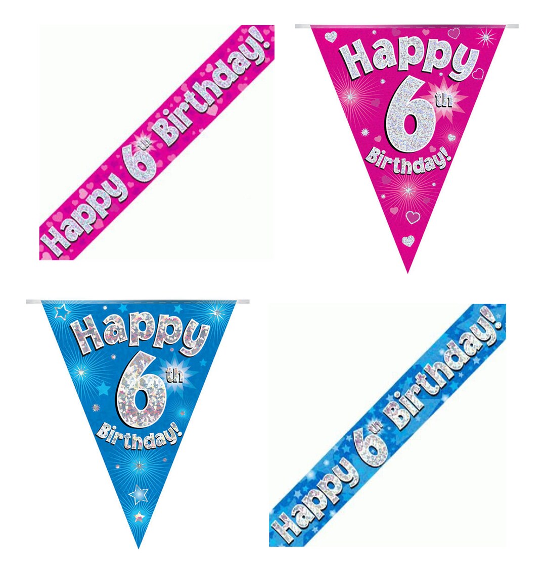 Banderines y banderines de feliz sexto cumpleaños en rosa brillante o ...