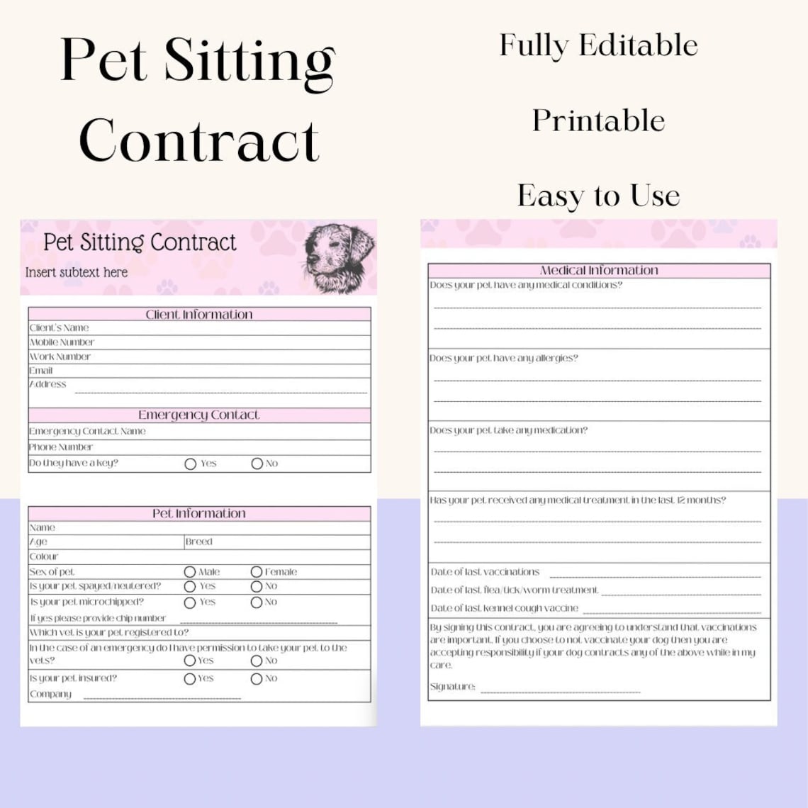 Pet Sitting Contract Pet Sitter New Customer Form Pet Care Business ...